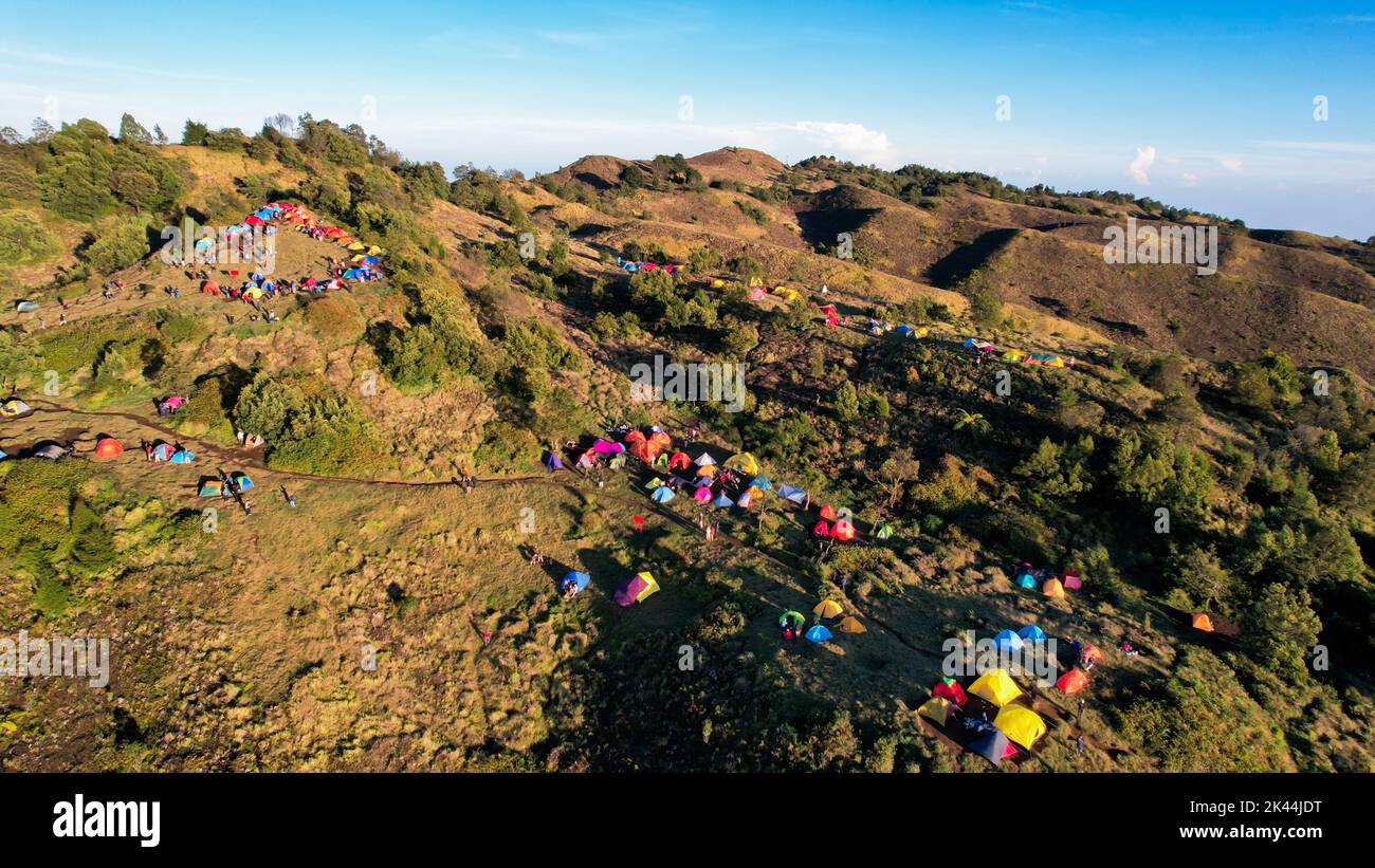 Aerial view of beauty mountain peaks Prau Dieng, Central Java and the ...