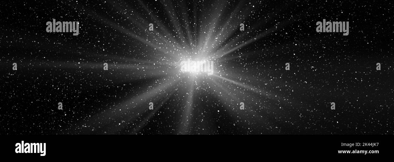 Burst of light in space. Night black starry sky horizontal background ...