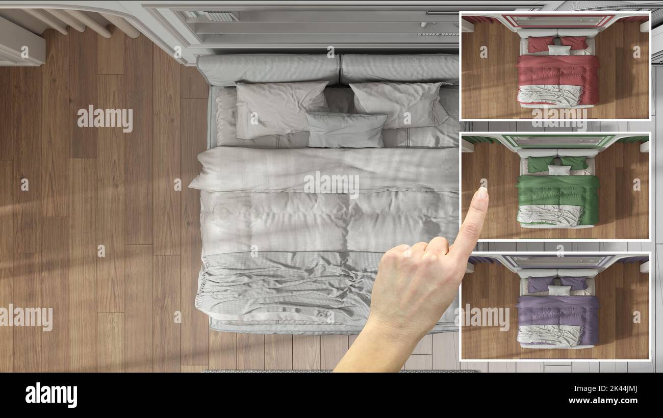 Architect designer concept, hand showing classic bedroom with bed ...