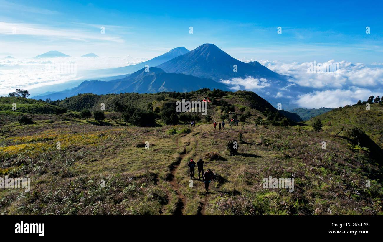 Aerial view of beauty mountain peaks Prau Dieng, Central Java and the ...