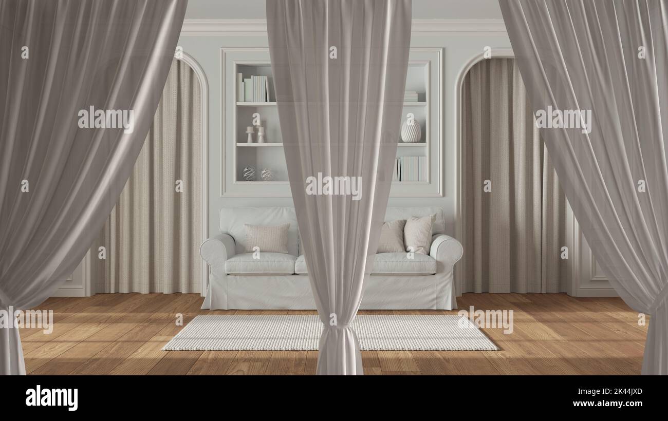 White openings curtains overlay classic living room, interior design ...