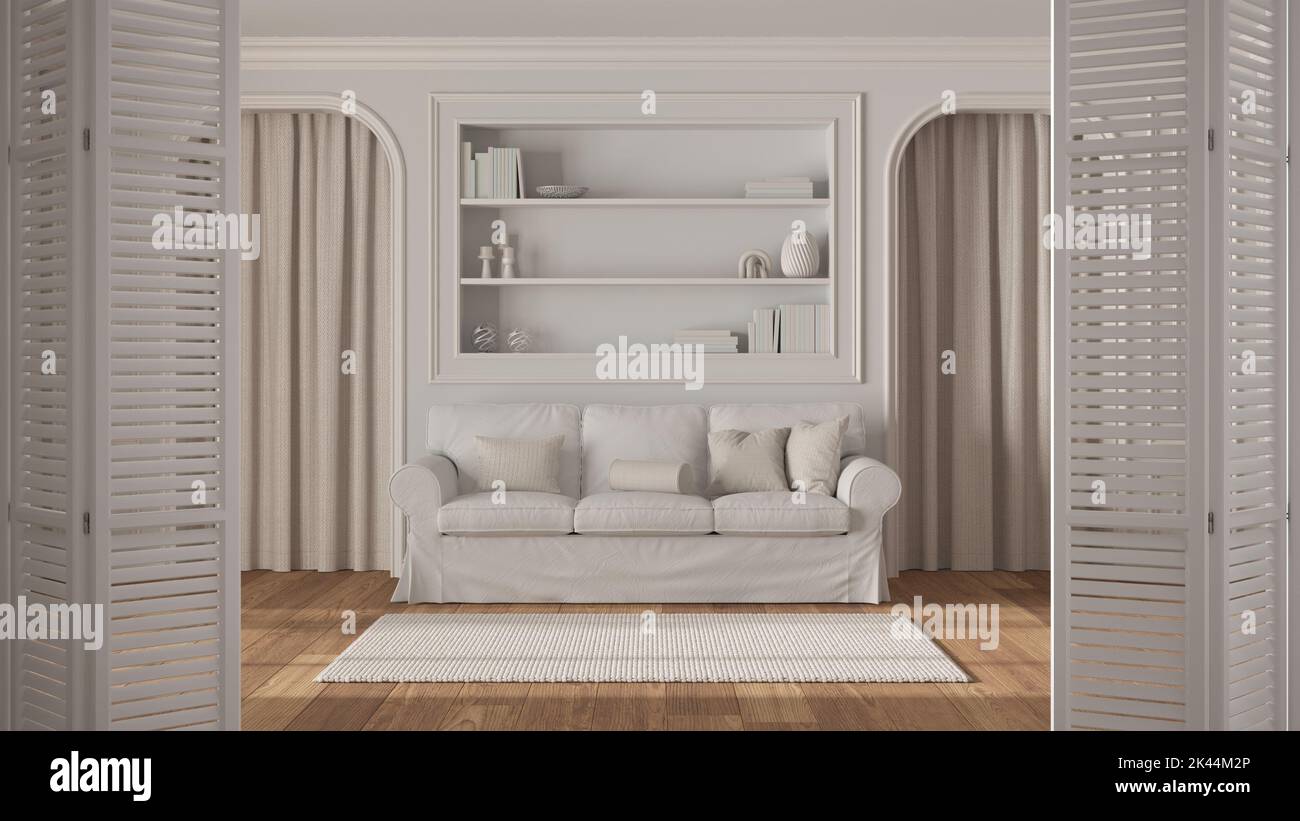 White folding door opening on classic living room with sofa and molded ...