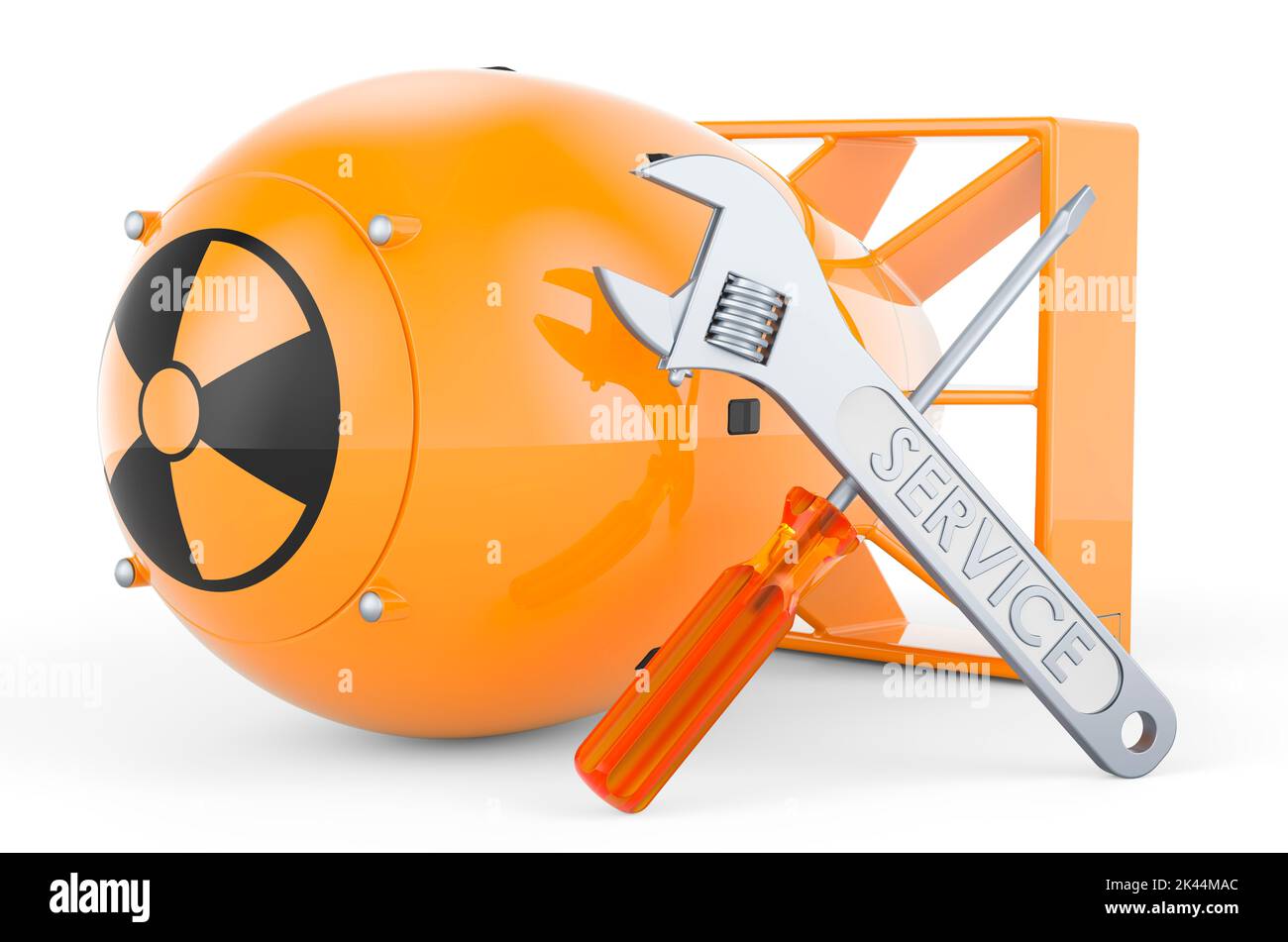 Atomic bomb with screwdriver and wrench, 3D rendering isolated on white ...