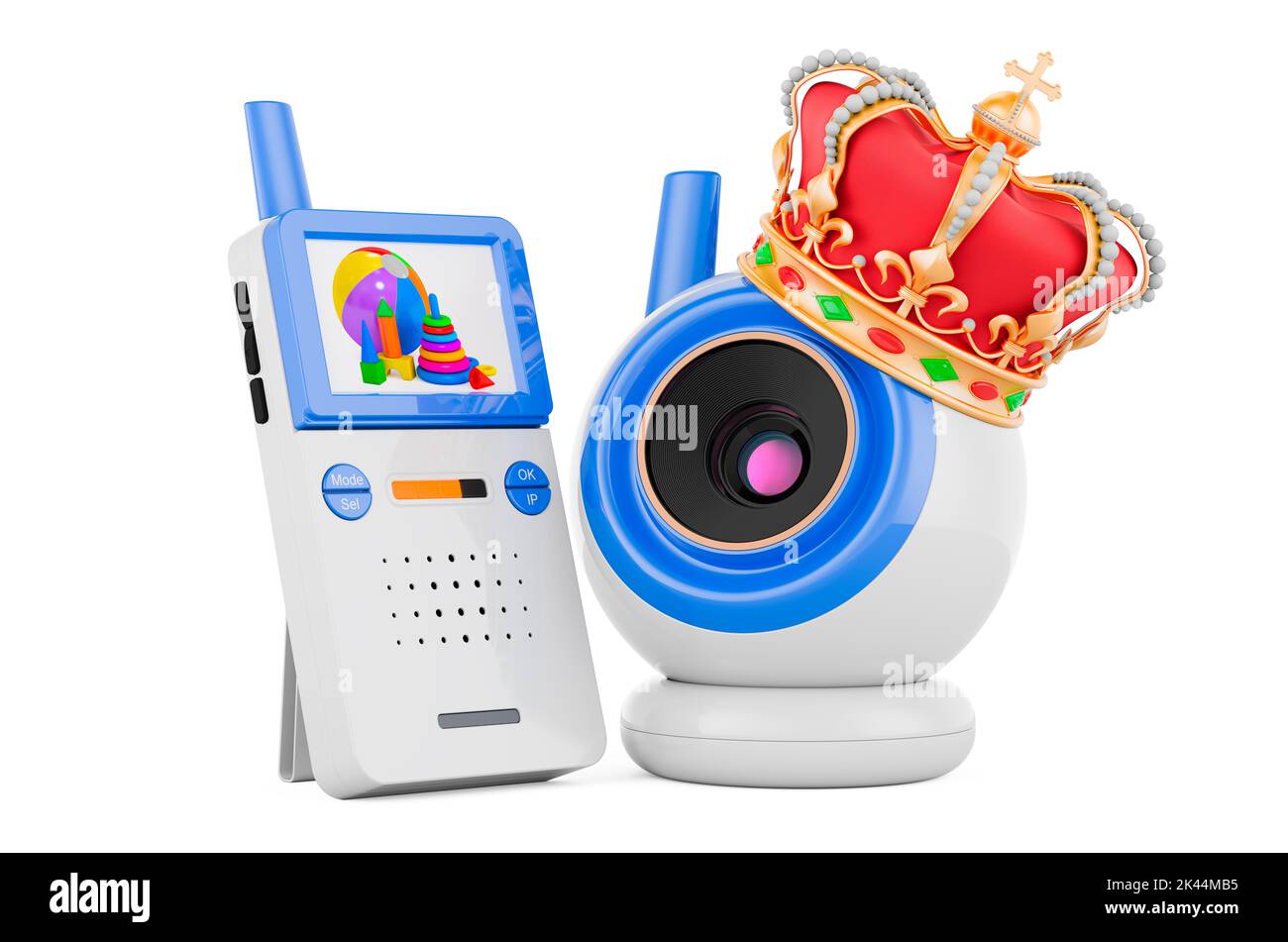 Baby cam and audio baby monitor with golden crown. 3D rendering ...