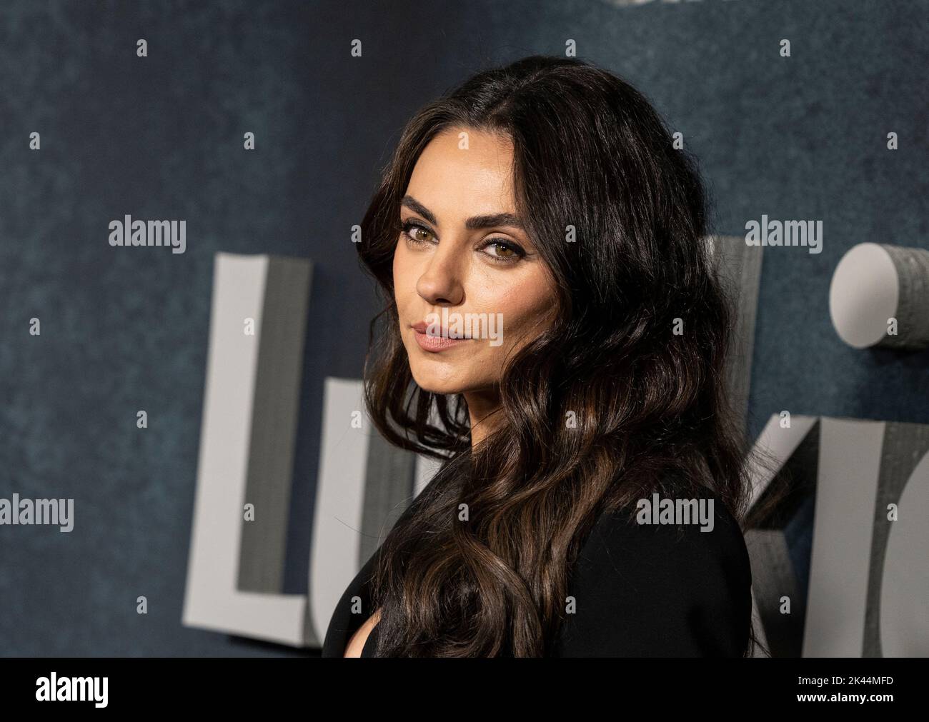 New York, US, September 29, 2022. Mila Kunis wearing dress by Carolina Herrera attends Luckiest ...