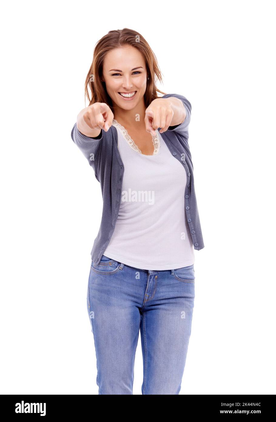 Its you. Casually dressed woman looking excited while pointing at you ...