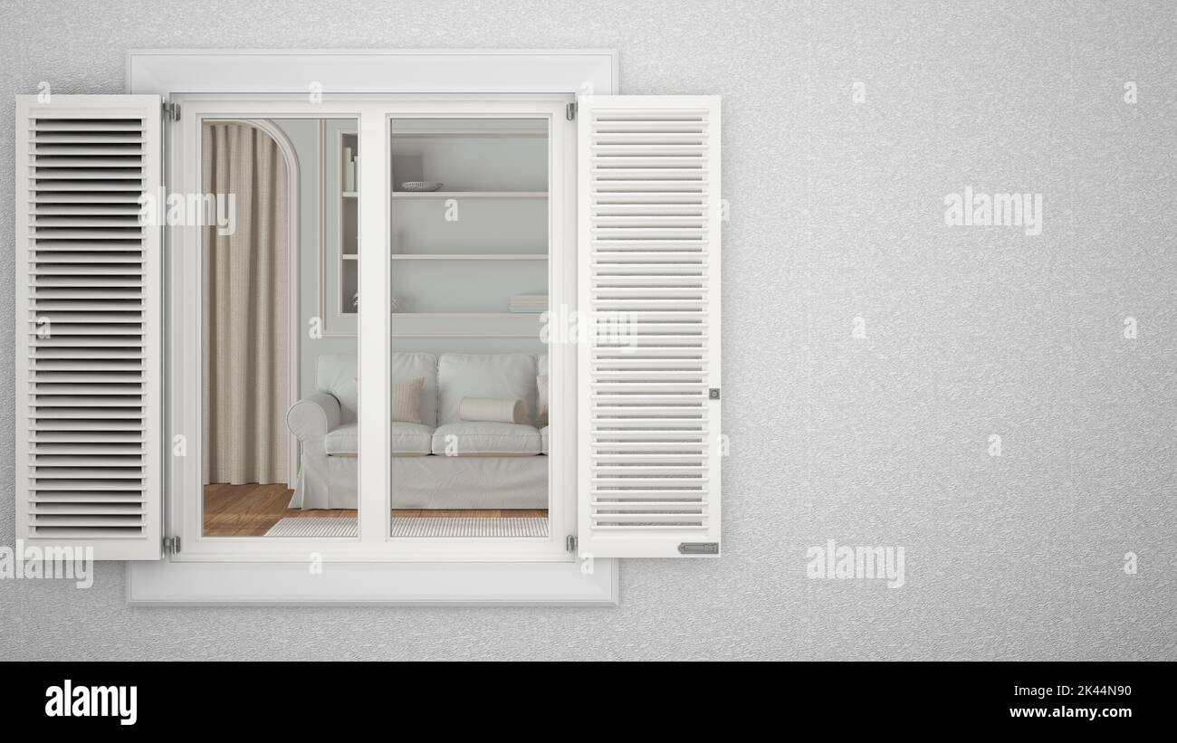 Exterior plaster wall with white window with shutters, showing classic ...