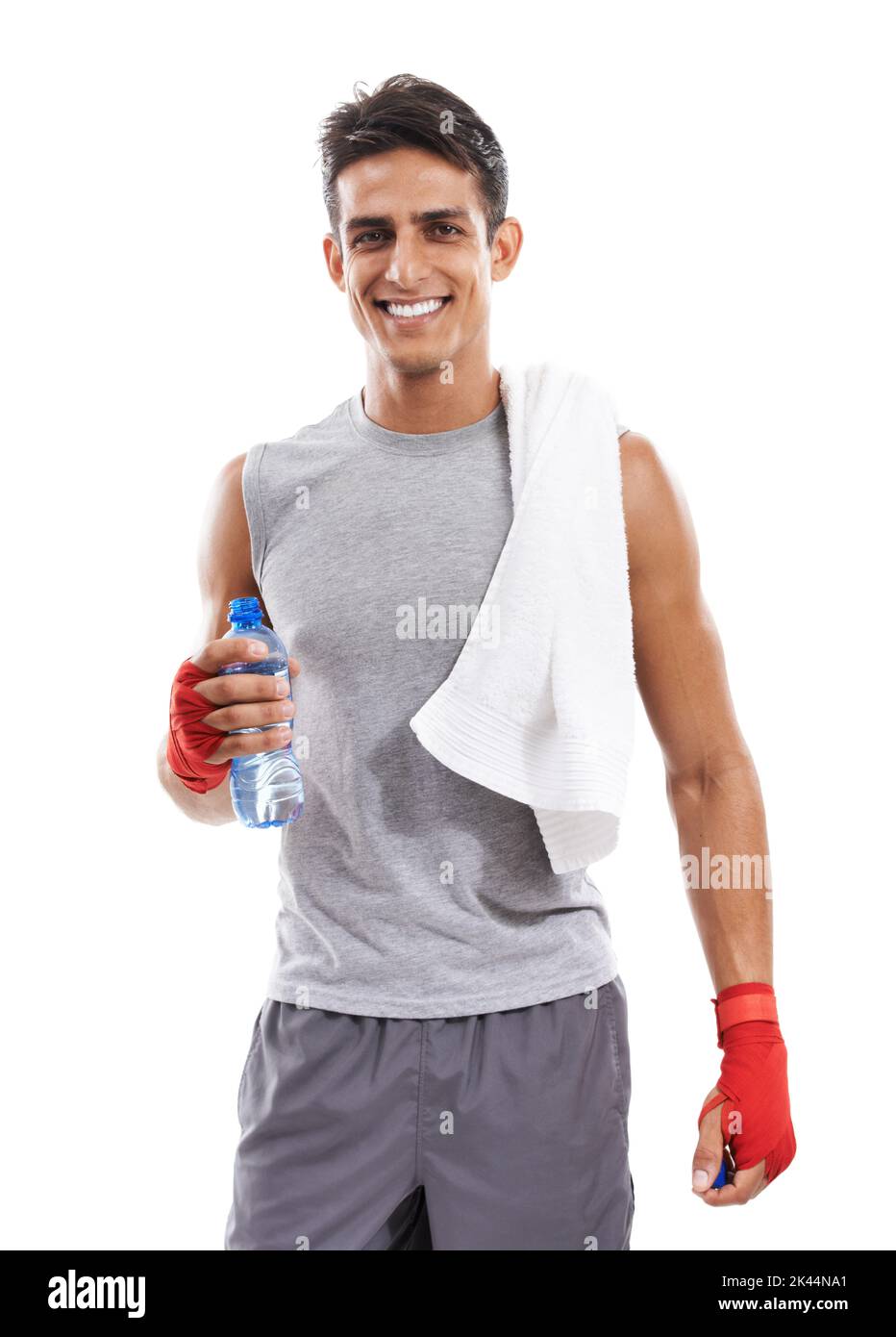 Feeling fantastic after a workout. Portrait of a smiling kick-boxer ...