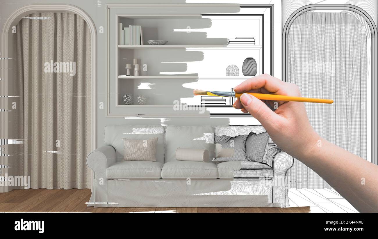 Blueprint project draft, sketch of classic living room, hand painting ...