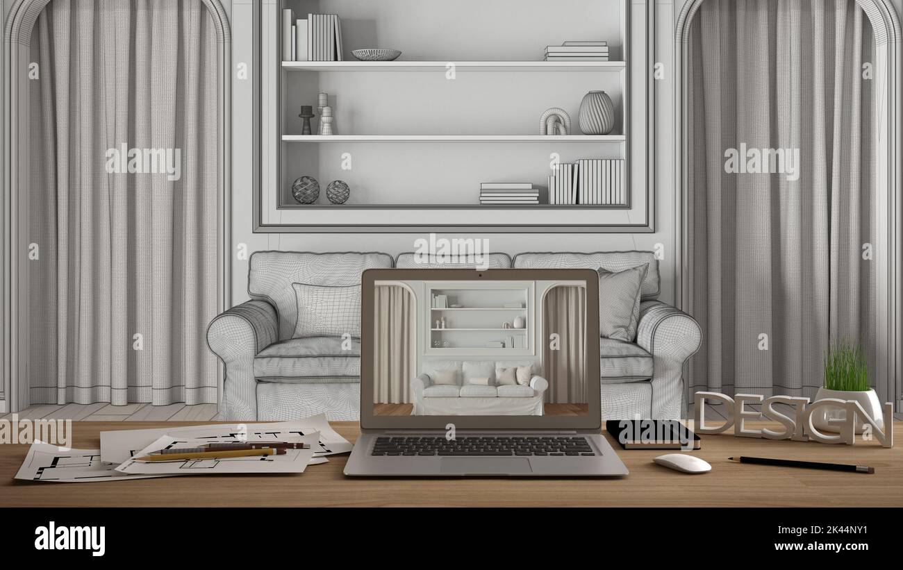 Architect designer desktop concept, laptop on wooden work desk with ...
