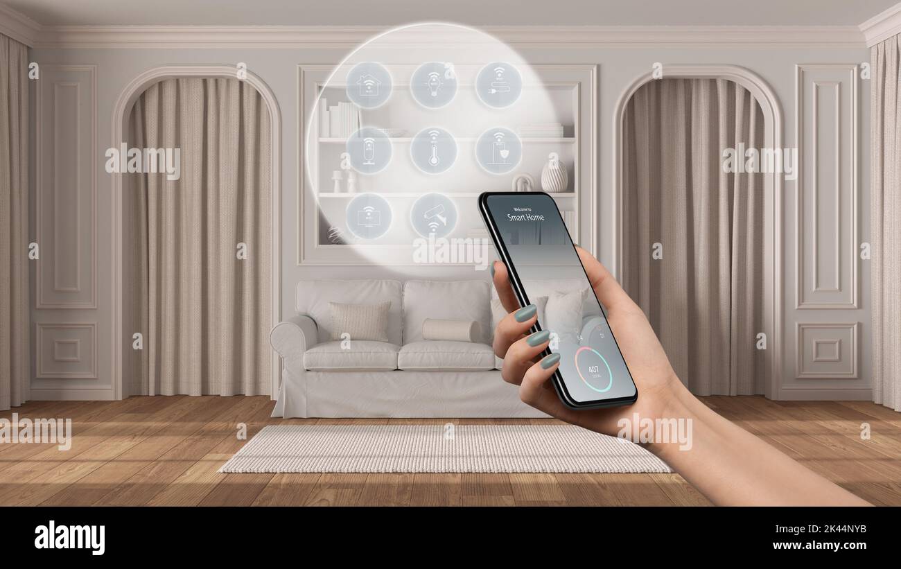 Smart home technology interface on phone app, augmented reality, internet of things, interior ...