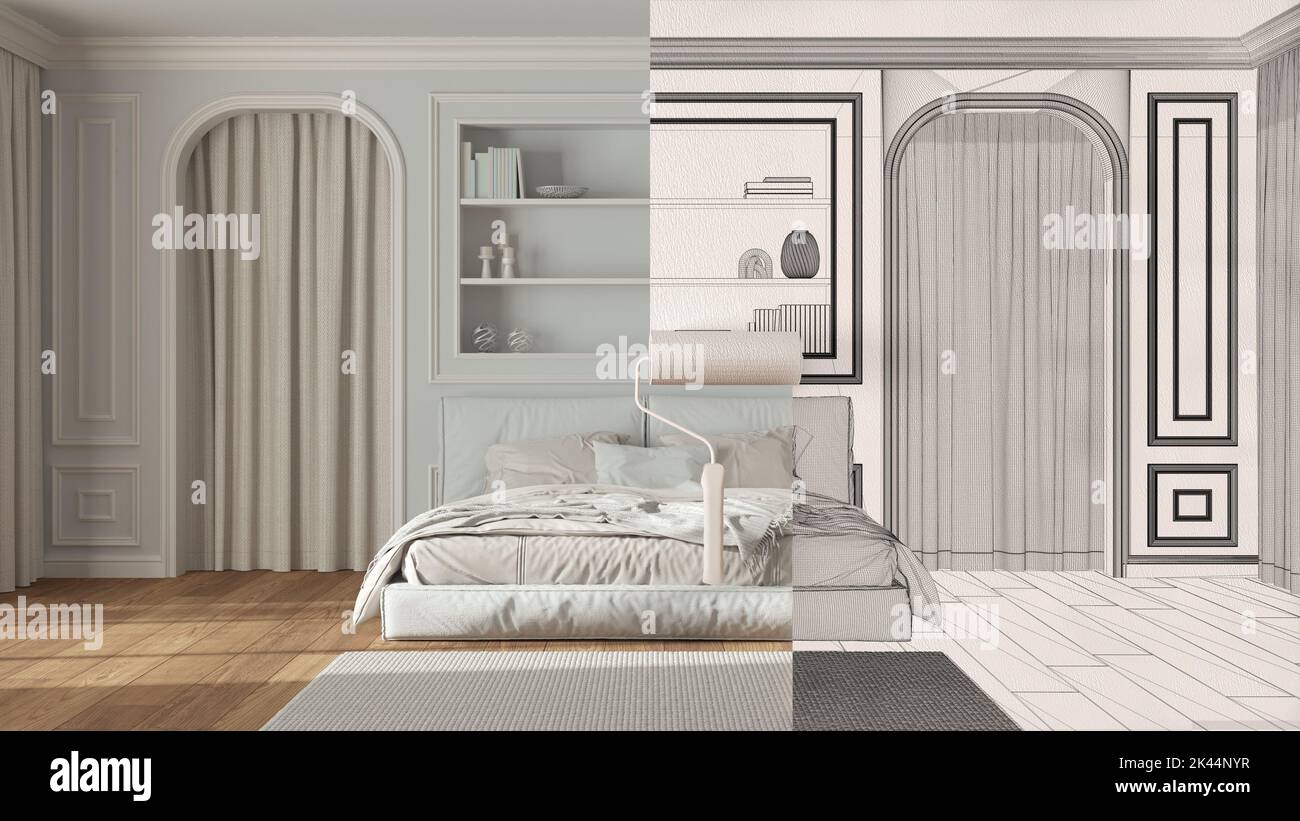 Paint roller painting interior design blueprint sketch background while the space becomes real ...