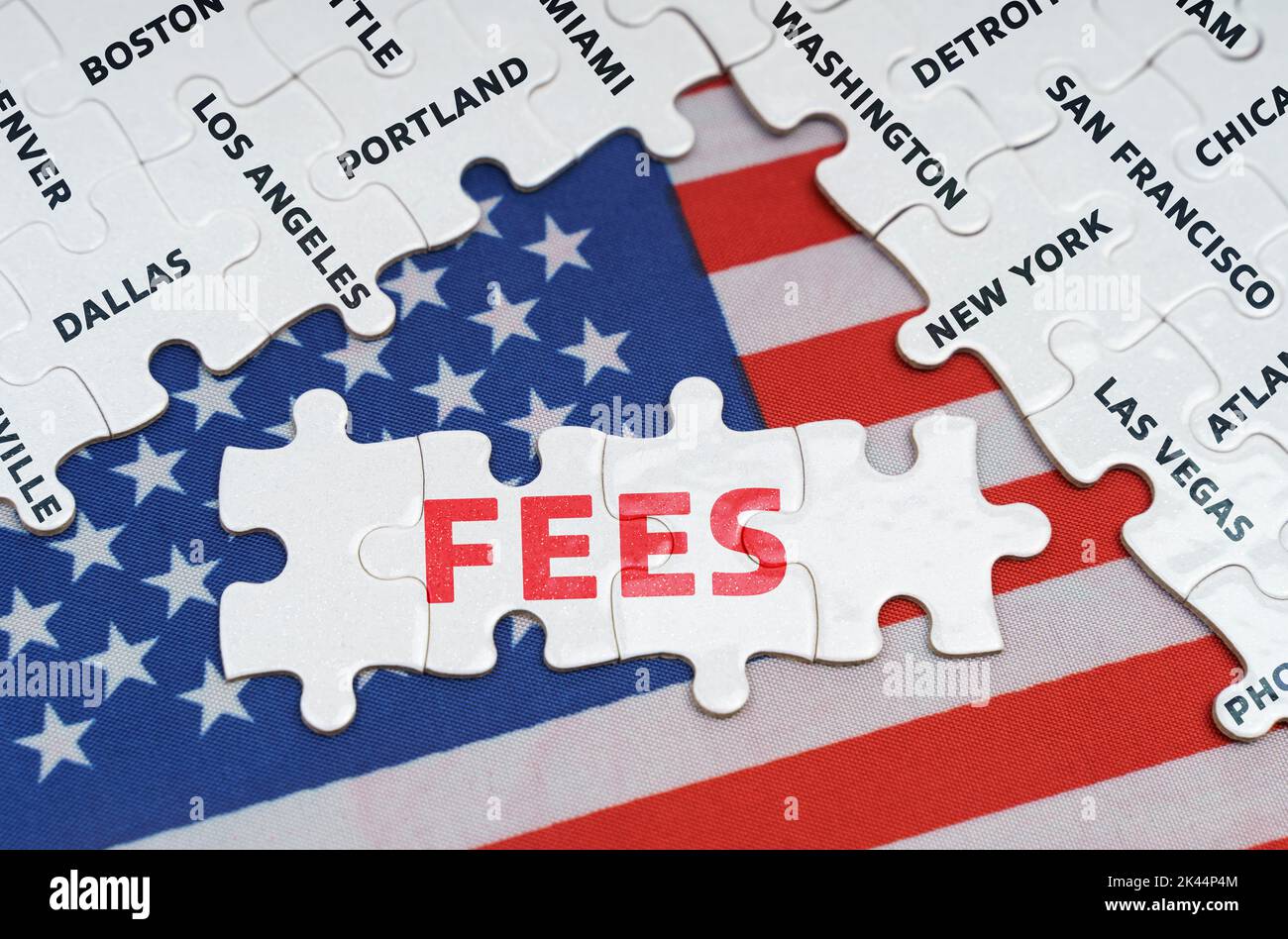 National concept. The USA flag has city name puzzles and puzzles with ...