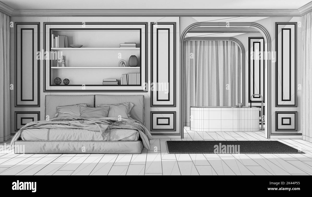 Blueprint unfinished project draft, classic bedroom and bathroom ...