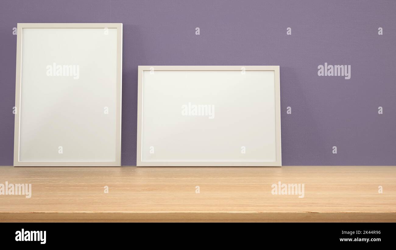 Frame mock up on wooden table, desk or shelf. Purple plaster wall ...