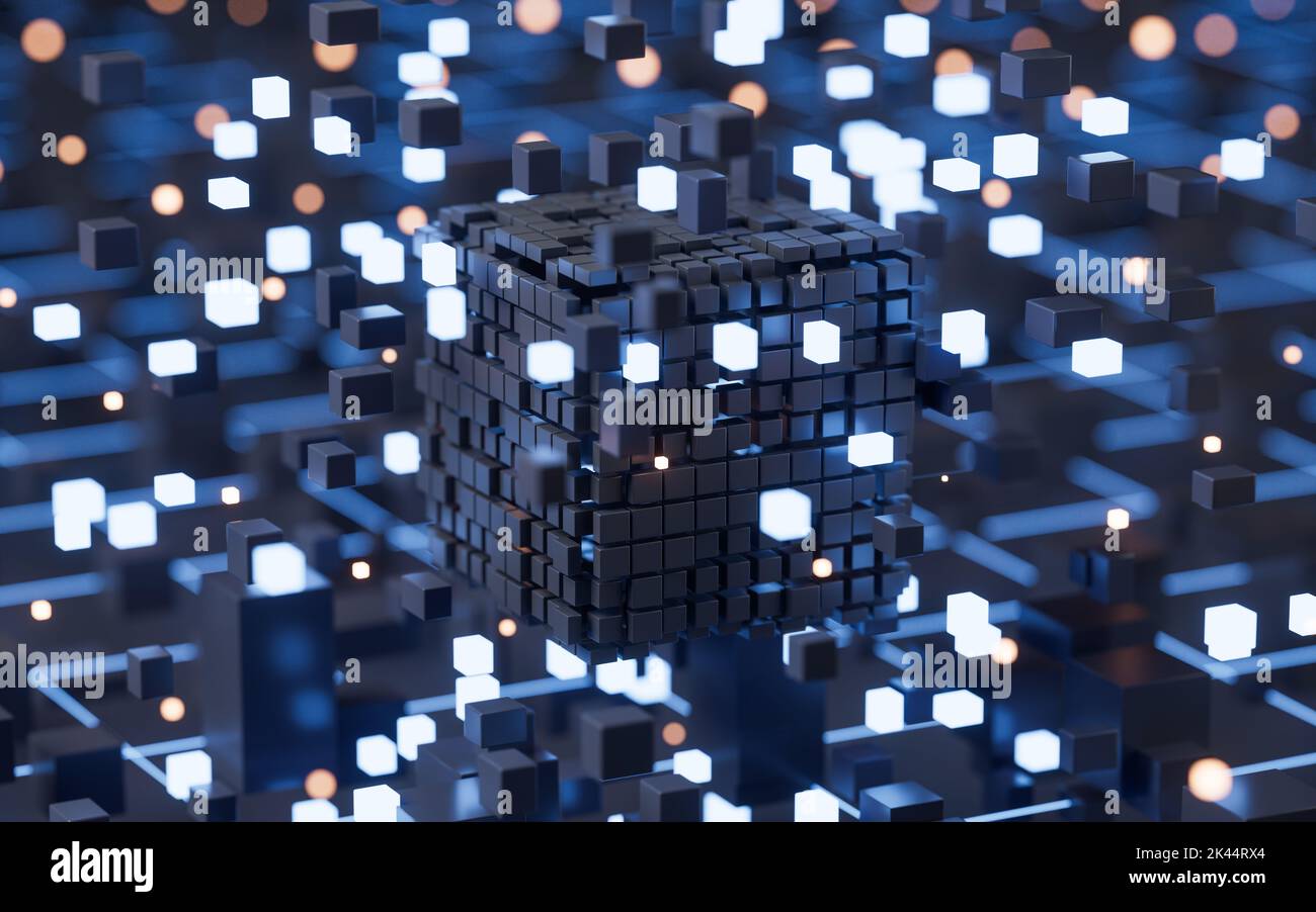 Abstract glowing cubes and lines, circuits and materials, 3d rendering ...