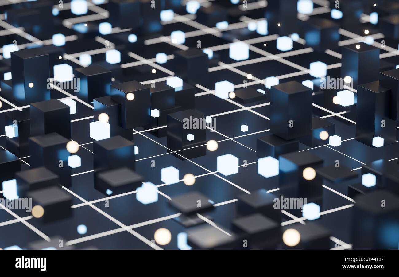 Abstract glowing cubes and lines, circuits and materials, 3d rendering ...