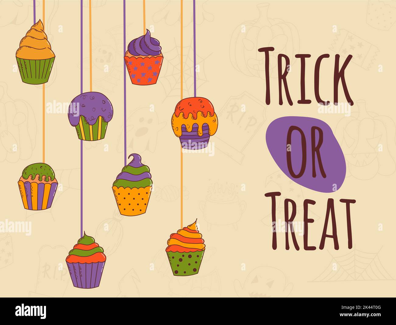 Halloween hand drawn invitation or greeting card. Trick or treat ...