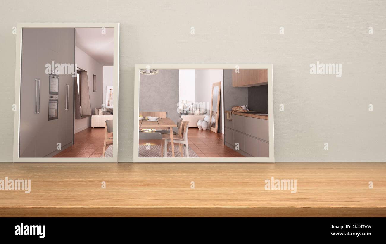 Minimalist mirrors on wooden table, desk or shelf reflecting interior ...