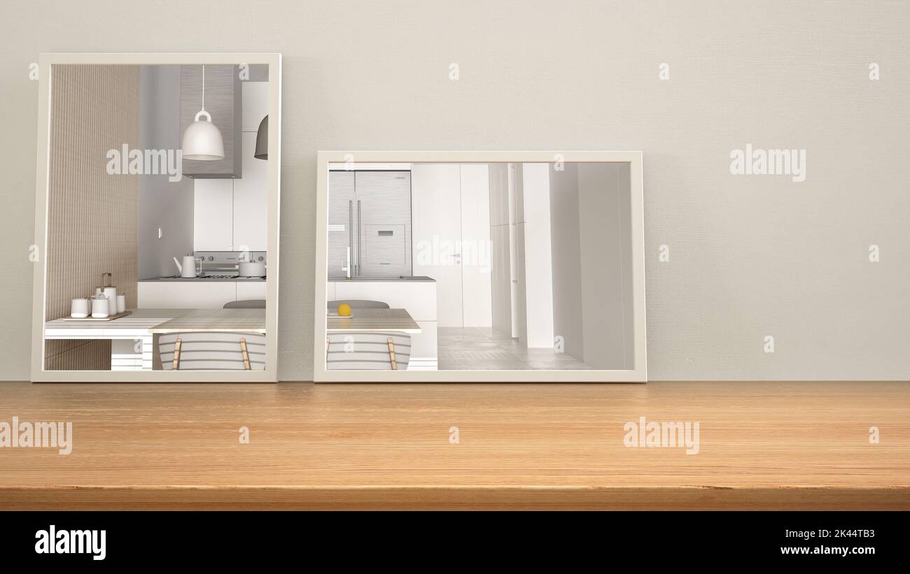 Minimalist mirrors on wooden table, desk or shelf reflecting interior ...