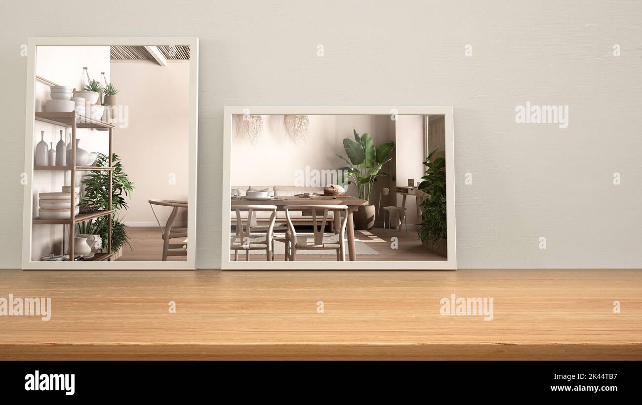 Minimalist mirrors on wooden table, desk or shelf reflecting interior ...