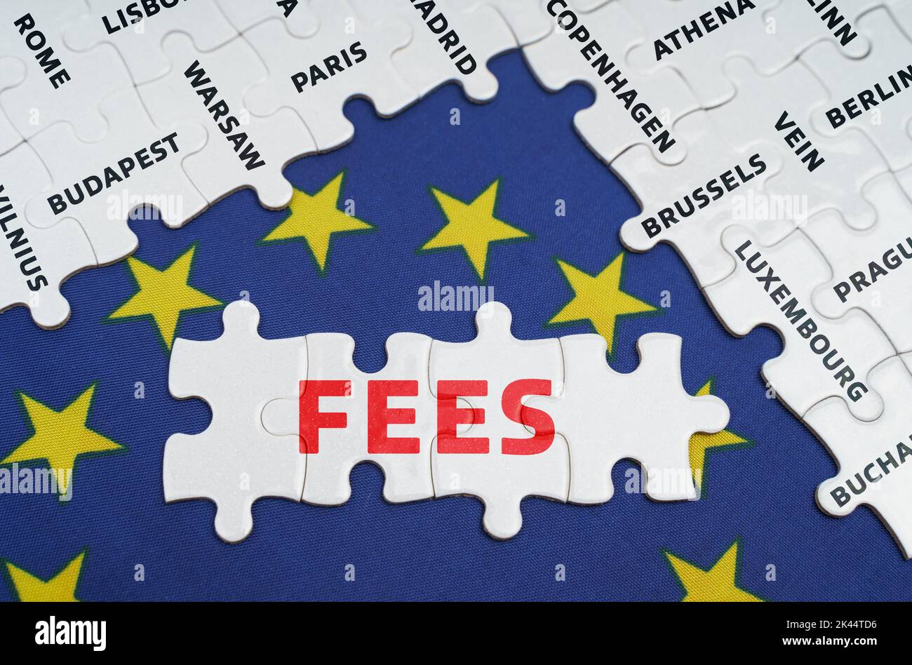 European Union concept. The EU flag has city name puzzles and puzzles ...