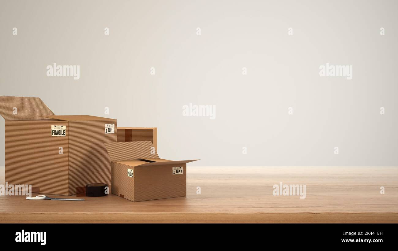 Wooden table, desk or shelf with stack of cardboard boxes over white ...
