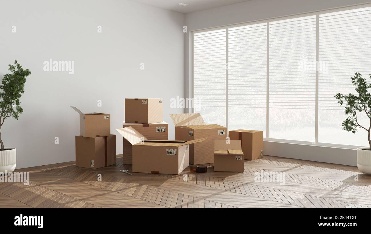 Cardboard carton boxes stack in modern empty room, wooden step ladder ...