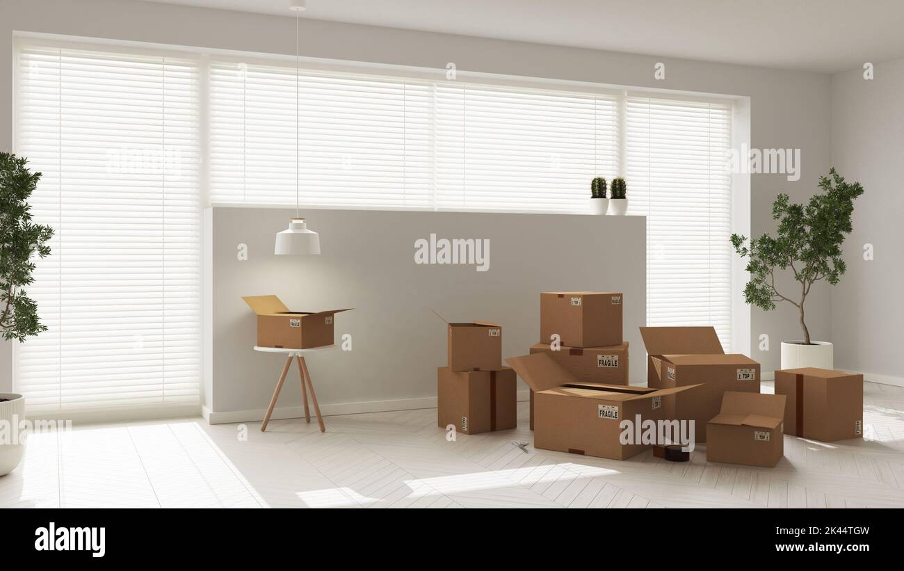 Cardboard carton boxes stack in modern empty room, interior design ...
