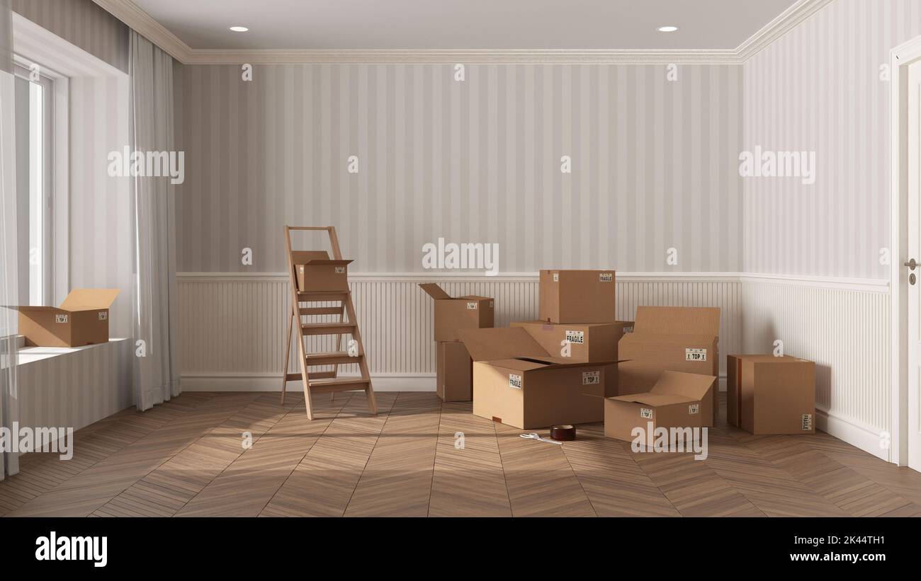 Cardboard carton boxes stack in modern empty room, interior design ...