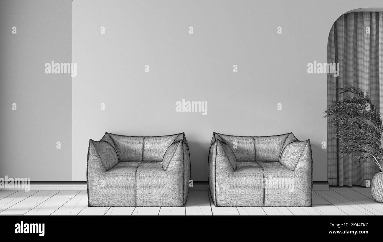 Blueprint unfinished project draft, interior design background. Living ...