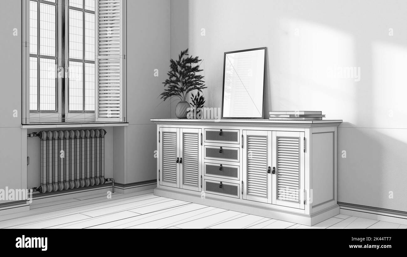 Blueprint unfinished project draft, retro living room with wooden floor ...