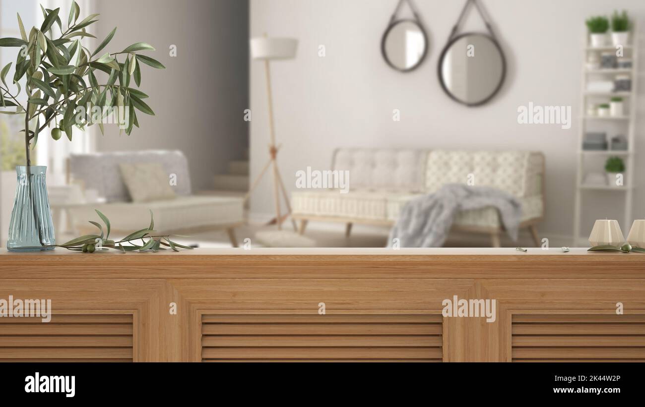 Wooden table top, cabinet, panel or shelf with shutters close up. Olive ...