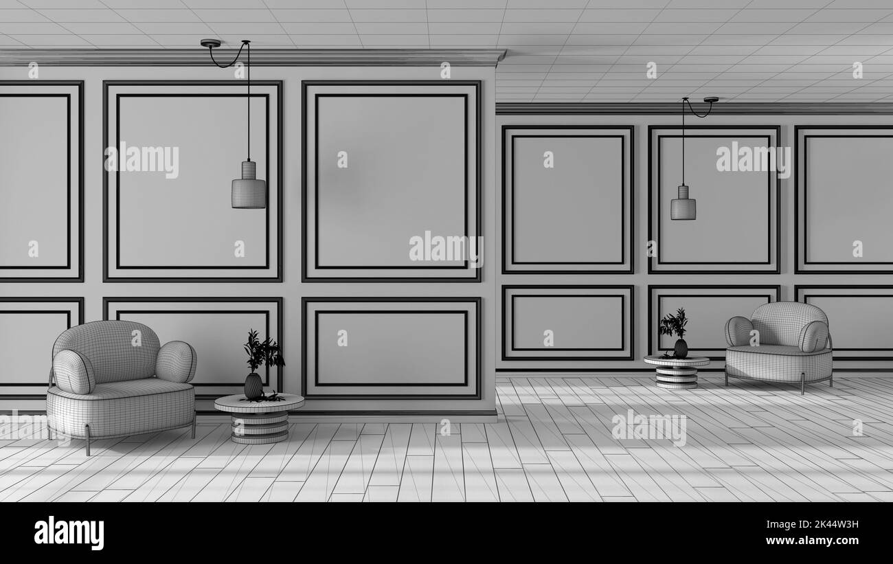 Blueprint unfinished project draft, classic living room, waiting ...