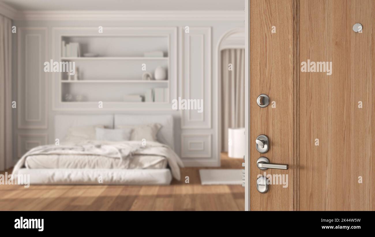 Wooden entrance door opening on classic bedroom with parquet and molded ...
