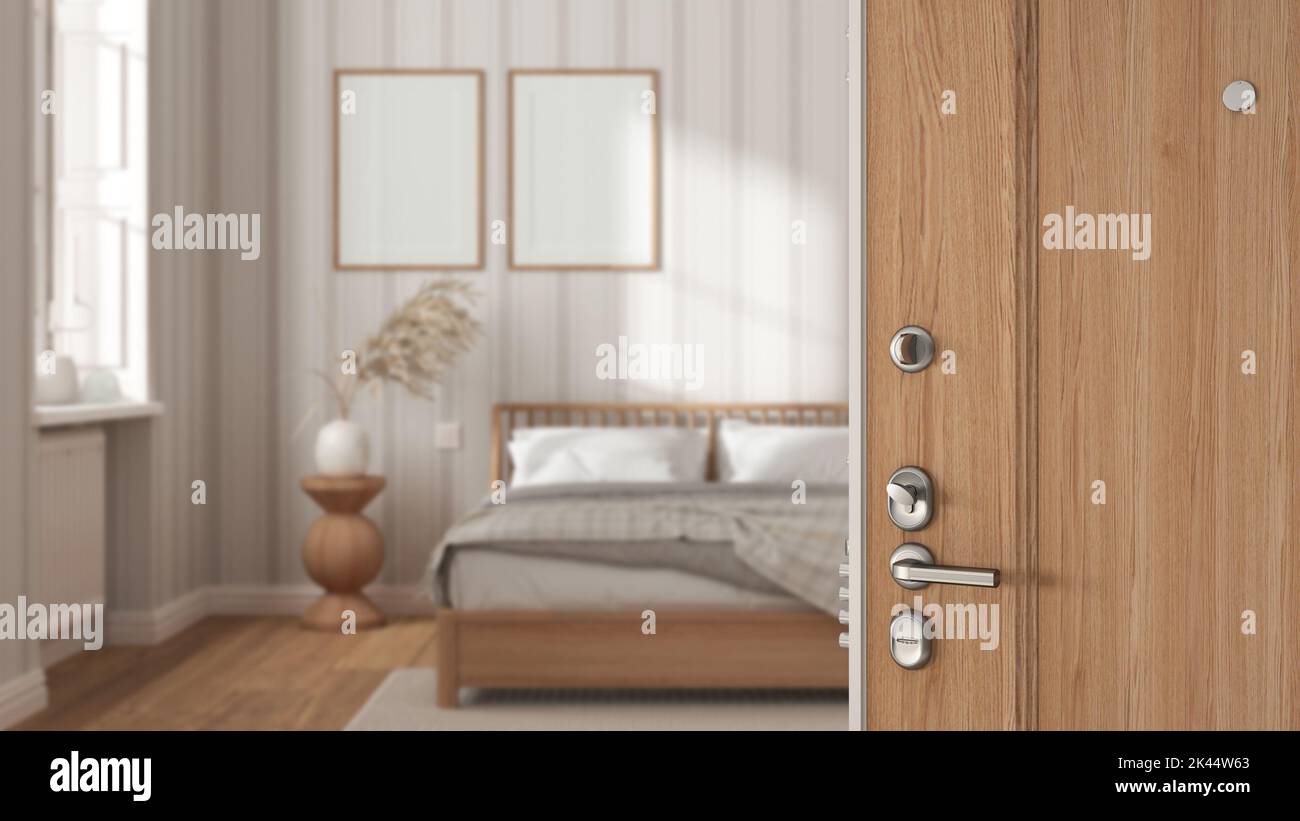 Wooden entrance door opening on contemporary bedroom with wooden bed ...