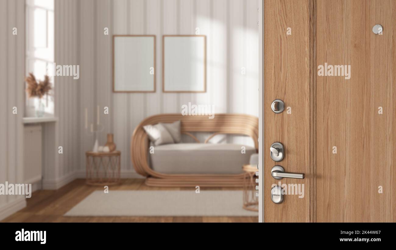 Wooden entrance door opening on contemporary living room with rattan ...