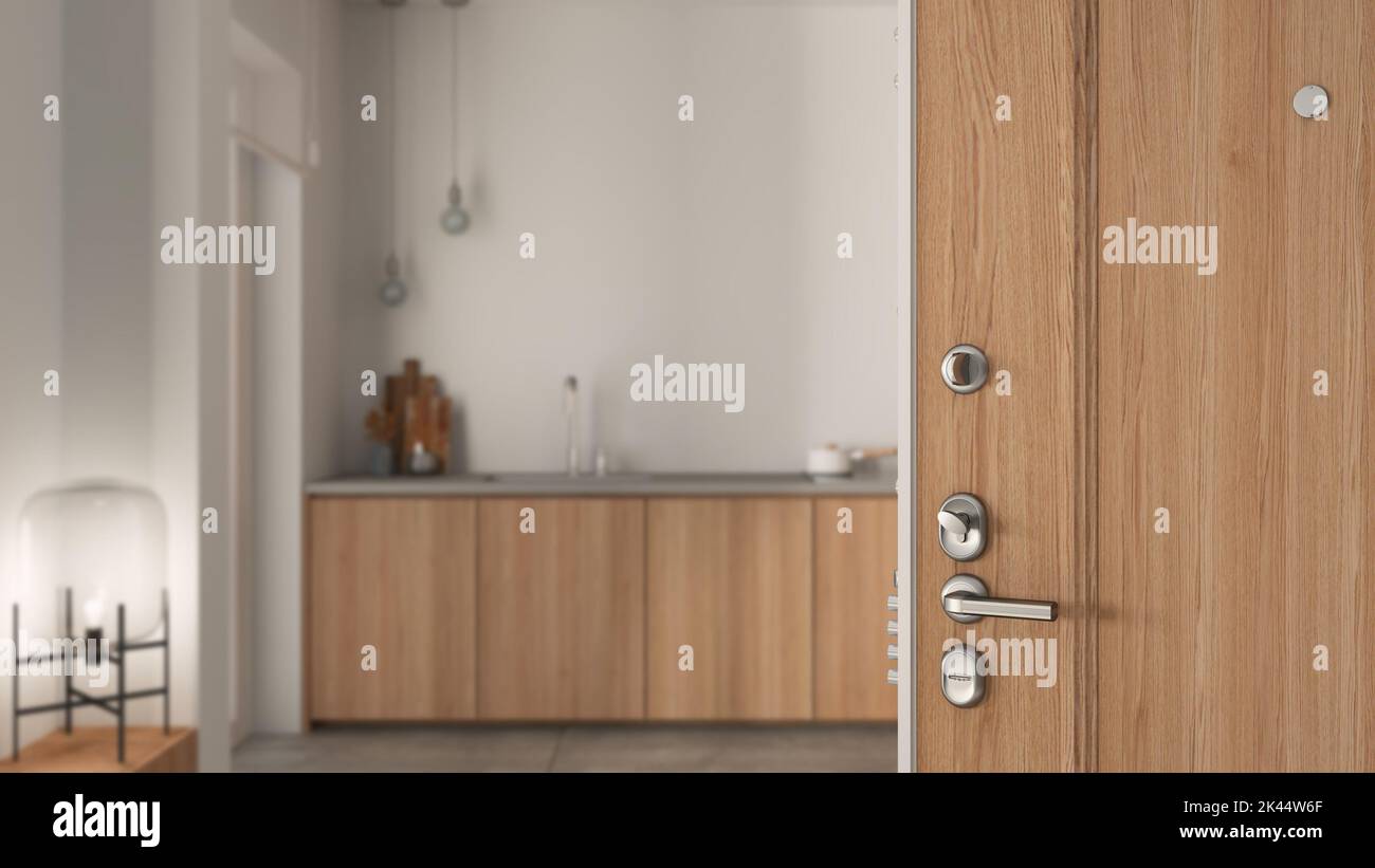 Wooden entrance door opening on modern kitchen with cabinets, sink with ...