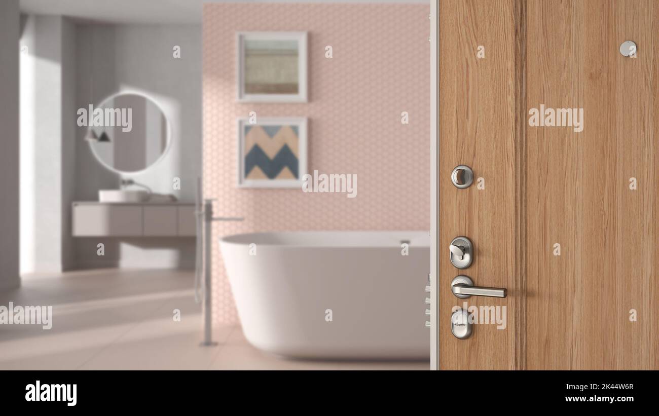 Wooden entrance door opening on modern bathroom, freestanding bathtub ...
