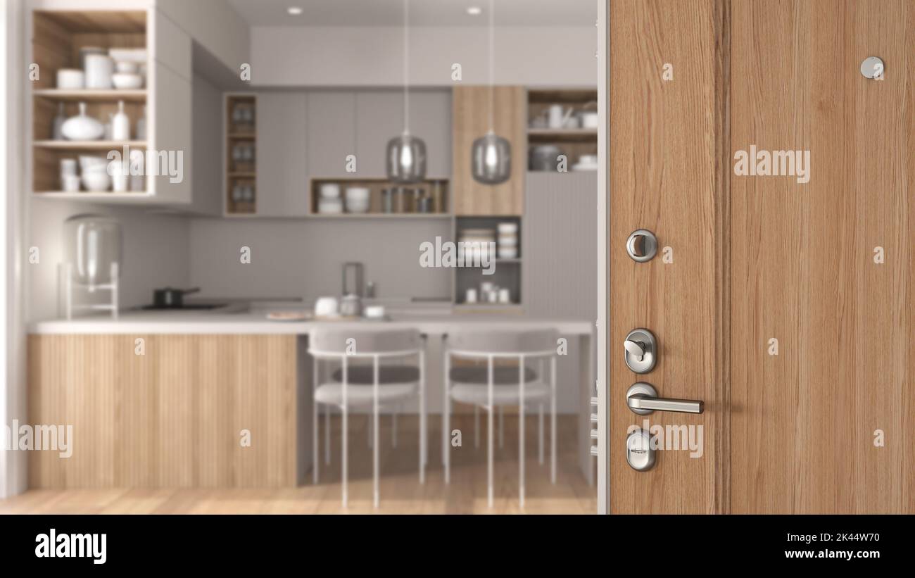 Wooden entrance door opening on modern kitchen, cabinets, island with ...