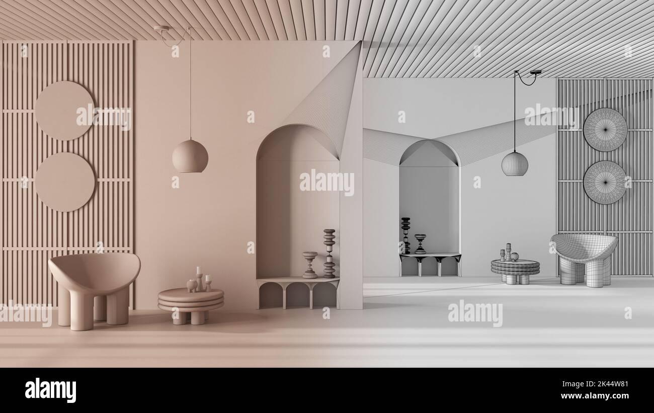 Architect interior designer concept: hand-drawn draft unfinished ...