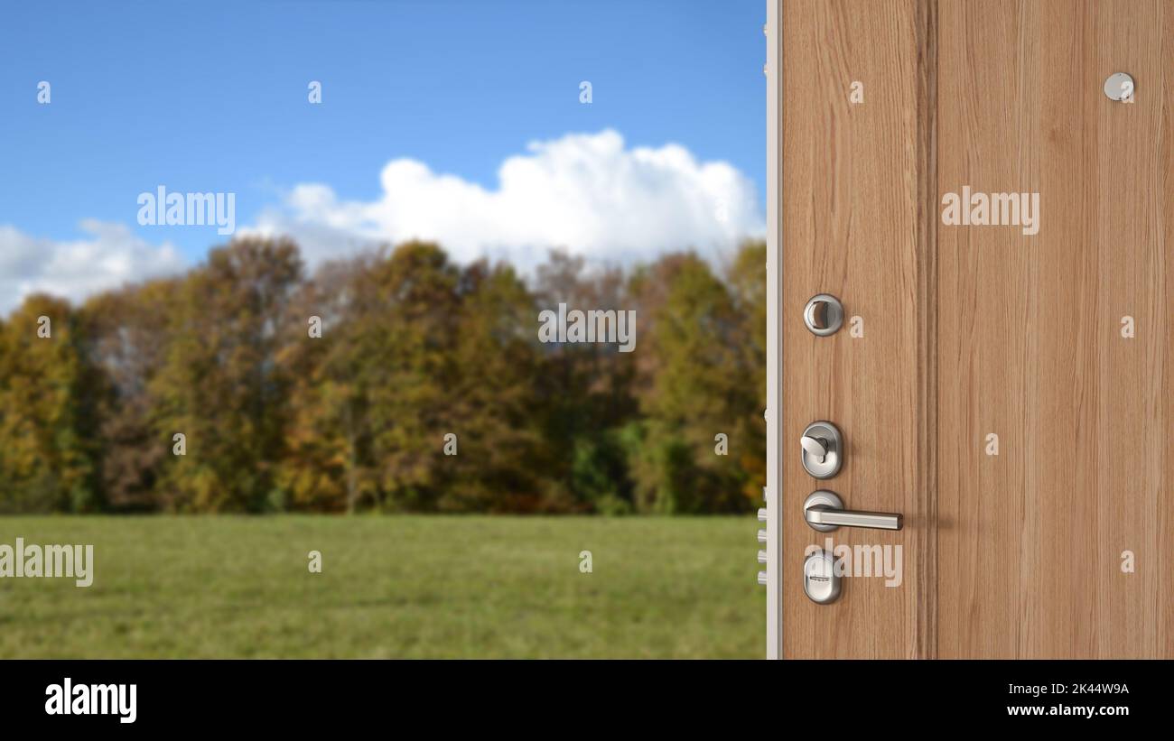 Wooden entrance door opening on amazing landscape, dreamy meadow with ...