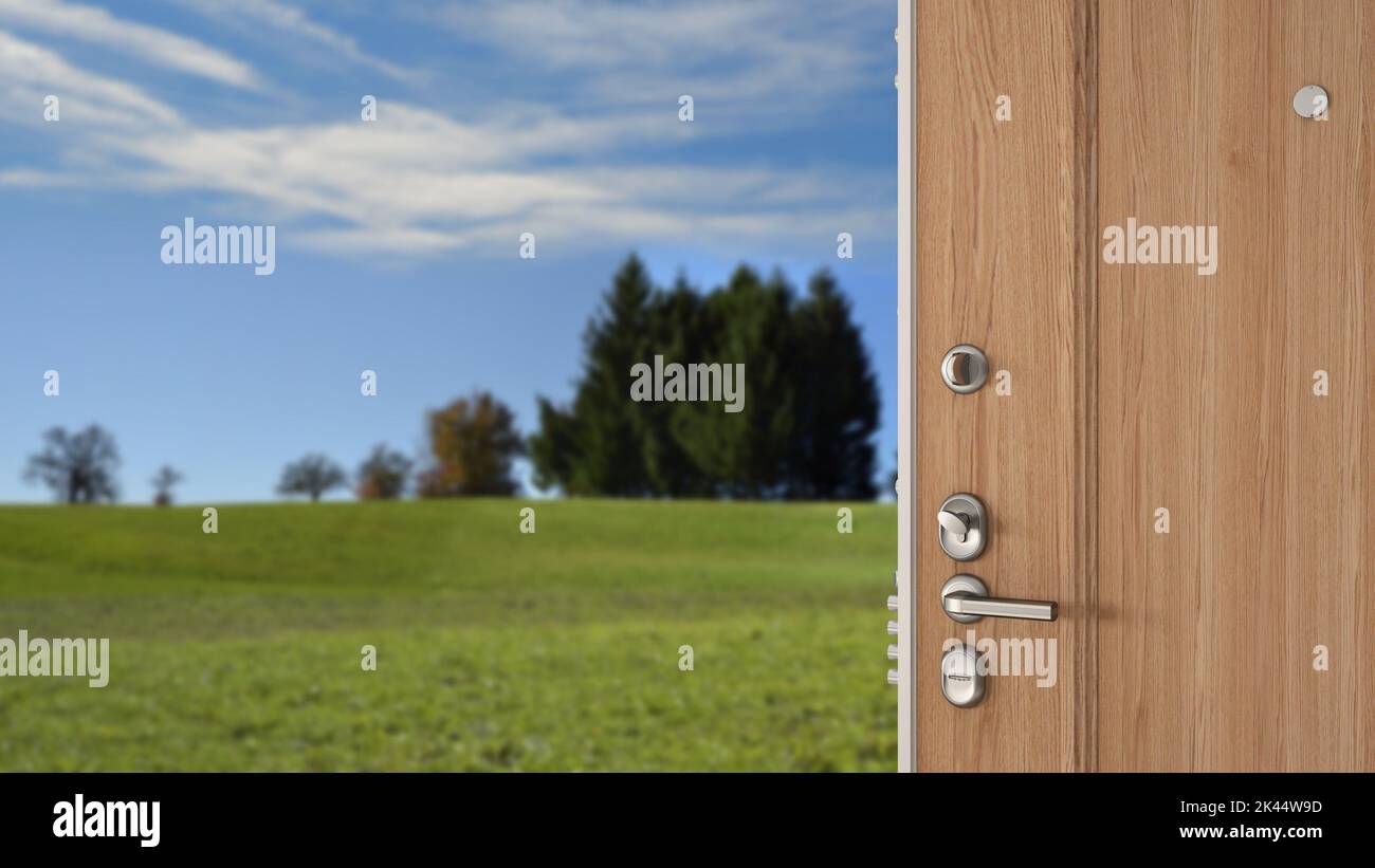Wooden entrance door opening on amazing landscape, dreamy meadow with ...