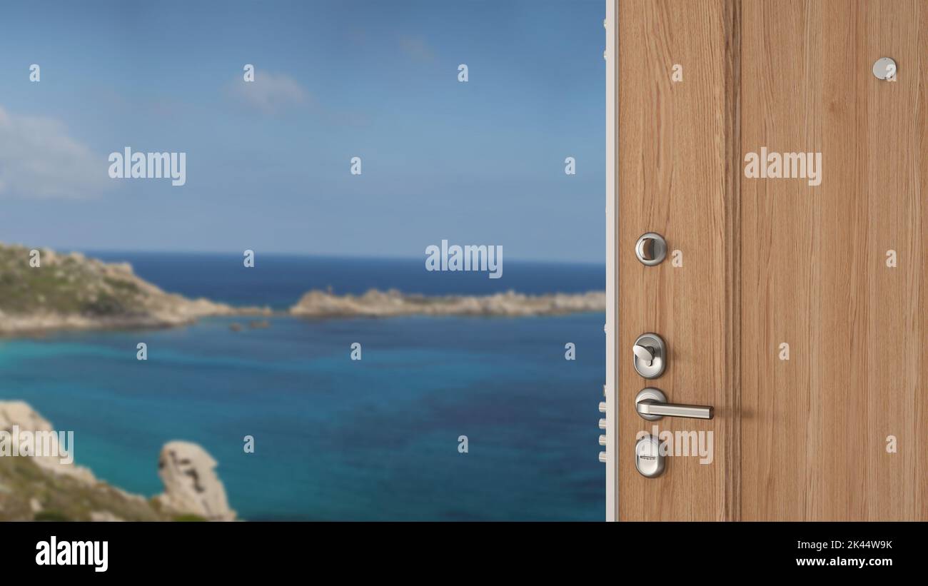 Wooden entrance door opening on amazing landscape, dreamy seascape ...