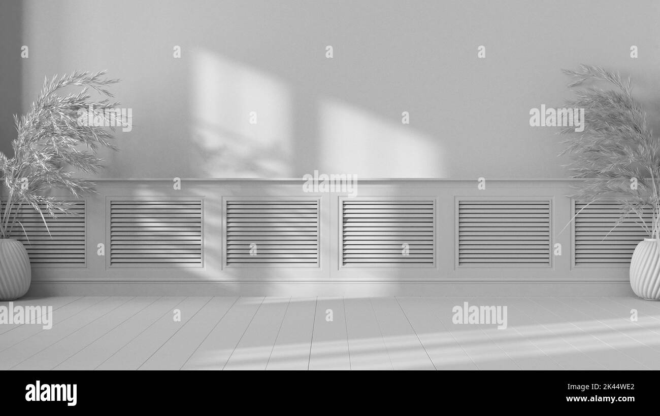 Total white project draft, empty room interior design, wooden table top ...