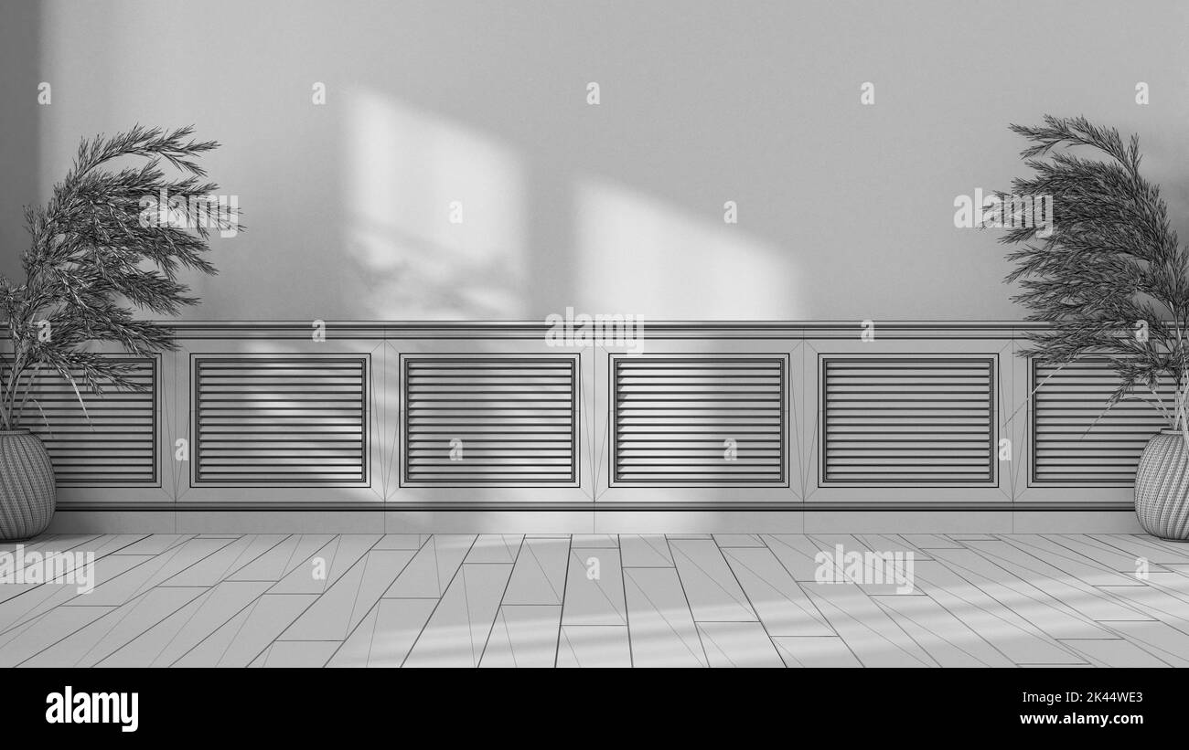 Blueprint unfinished project draft, empty room interior design, table ...