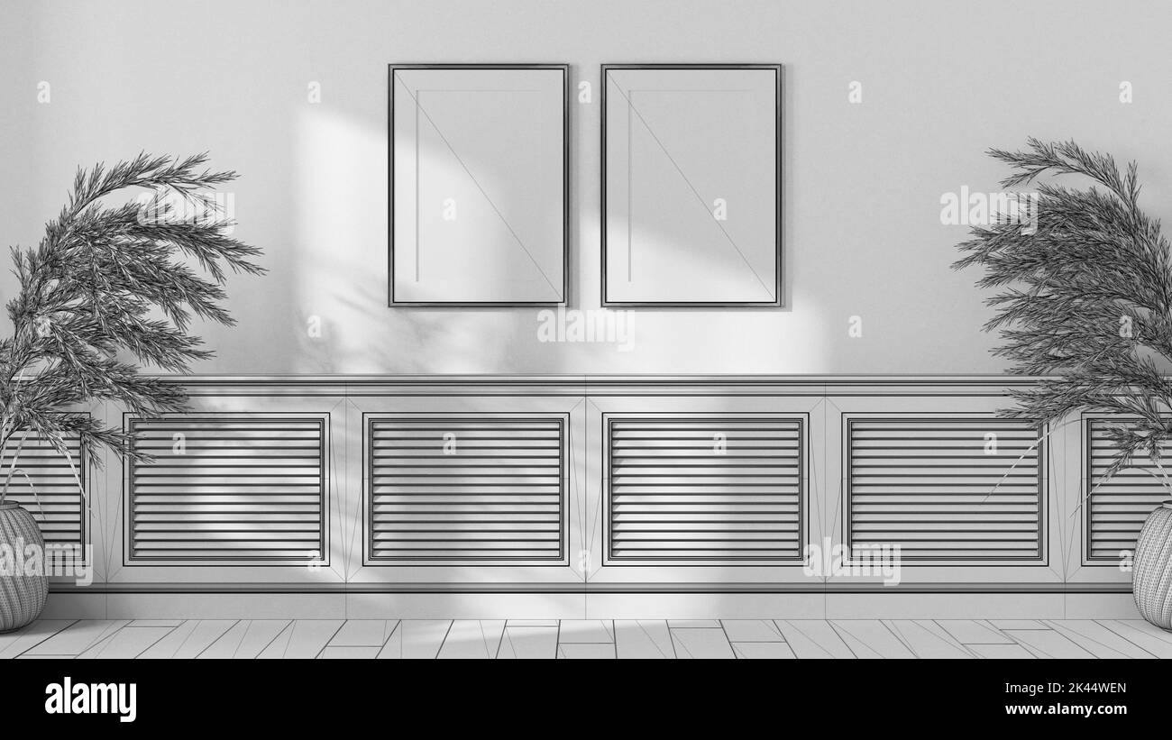 Blueprint unfinished project draft, empty room interior design, table ...