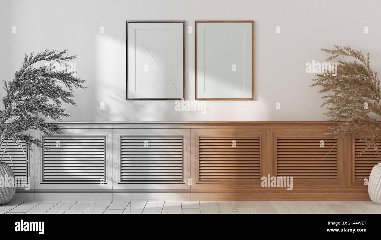 Architect interior designer concept: hand-drawn draft unfinished ...