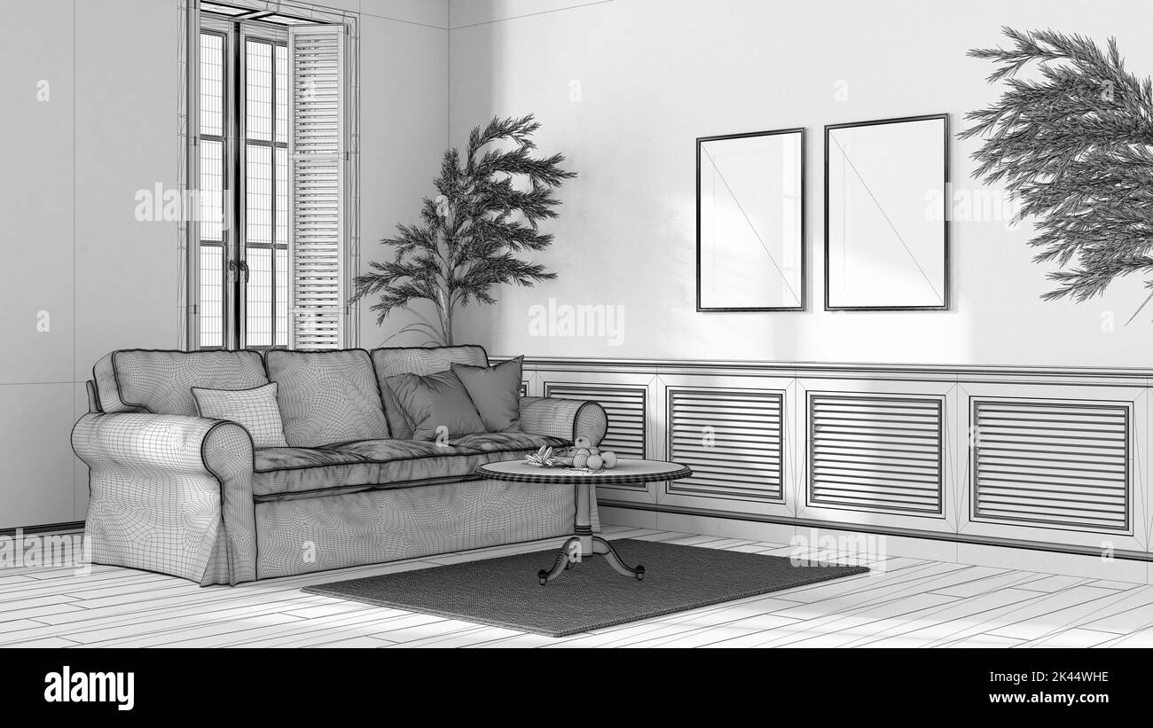 Blueprint unfinished project draft ,living room, colonial vintage style ...