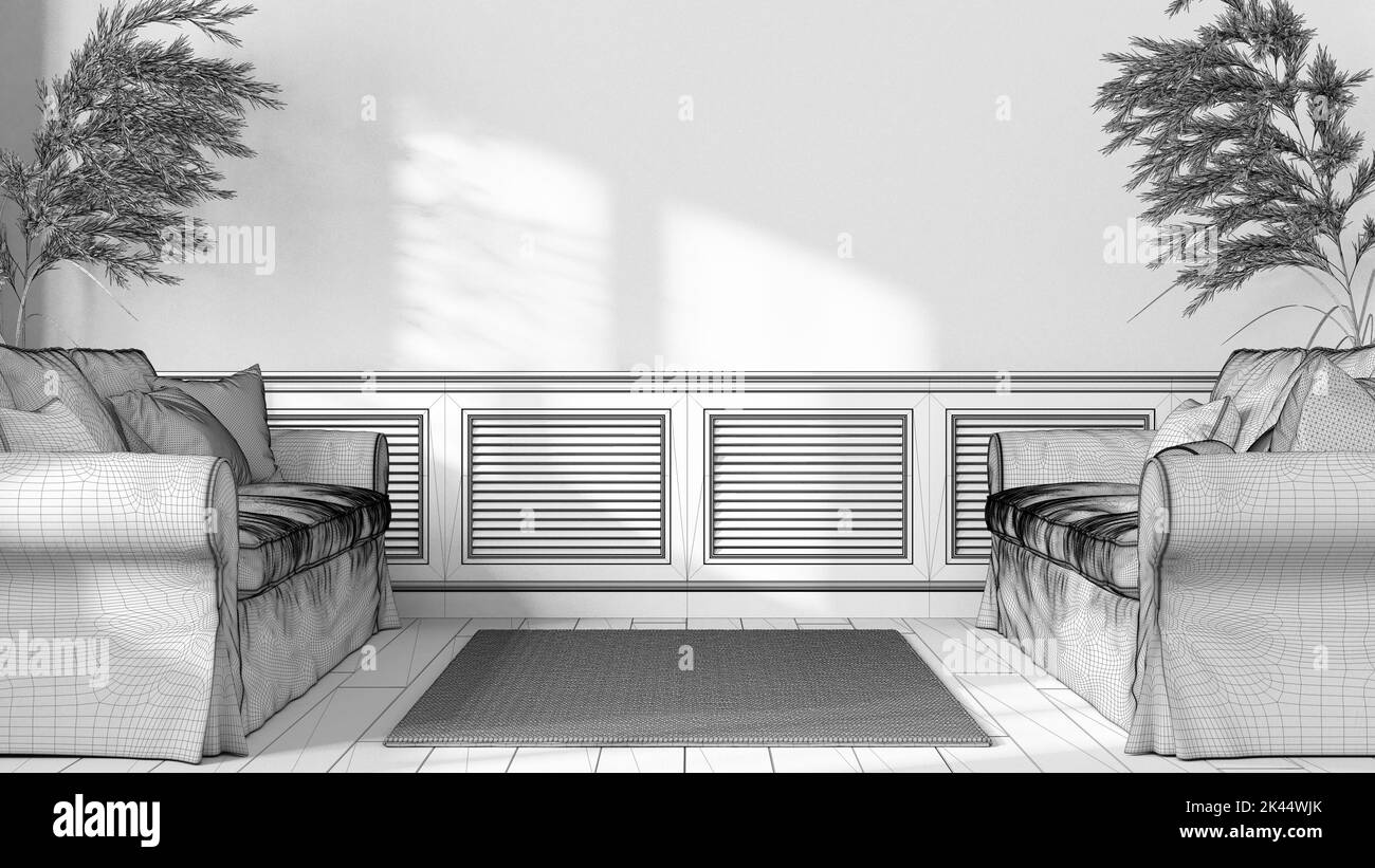 Blueprint unfinished project draft, living room, colonial vintage style. Fabric sofas with ...